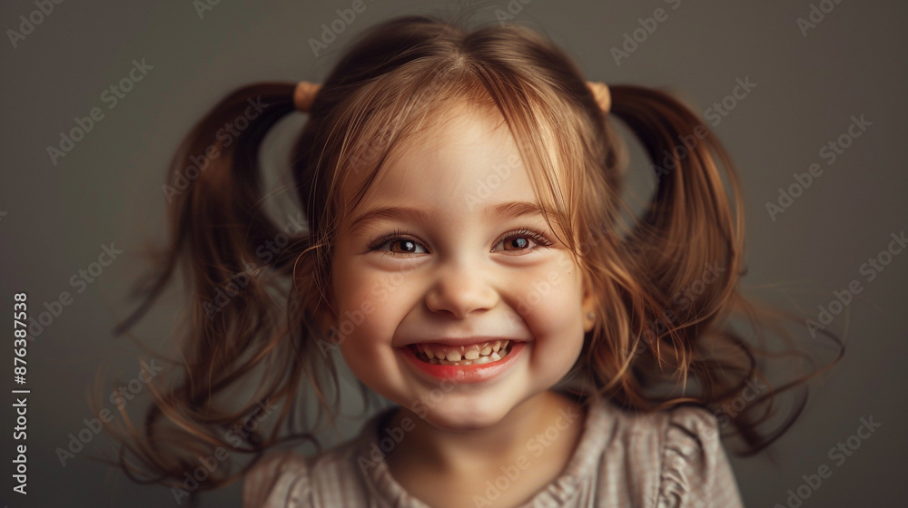 A cute little girl with pigtails and a goofy smile, rendered ...