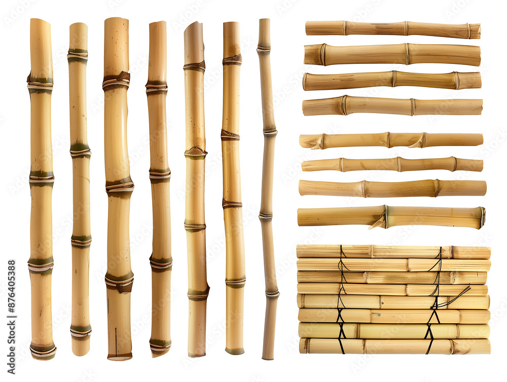 Set of bamboo wood stalks, sections, isolated on transparent background ...