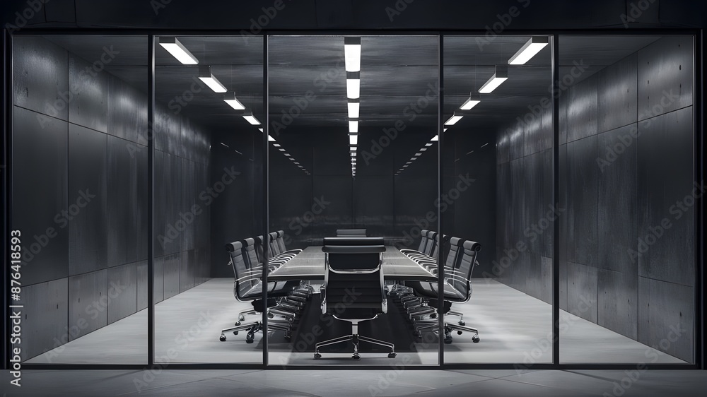 An empty, modern conference room with office table and chairs, enclosed ...