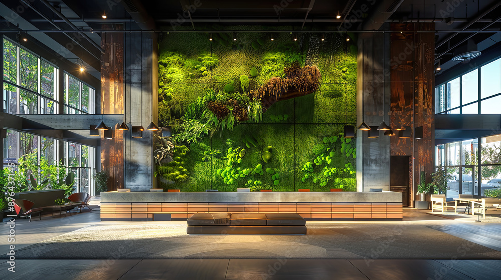 Modern Hotel Lobby Interior Design with Green Wall, Wooden Reception ...