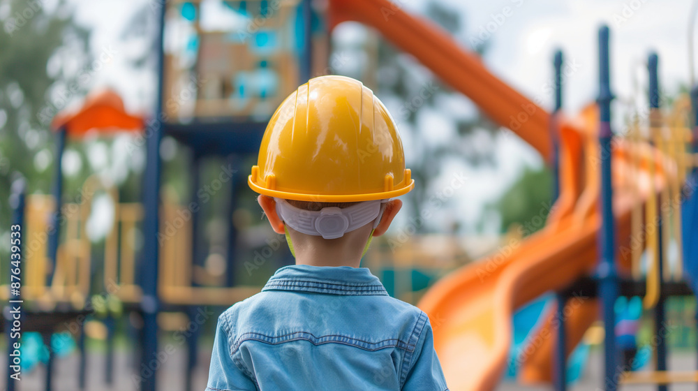 Playground safety concept image with a young boy kid with hard hat ...