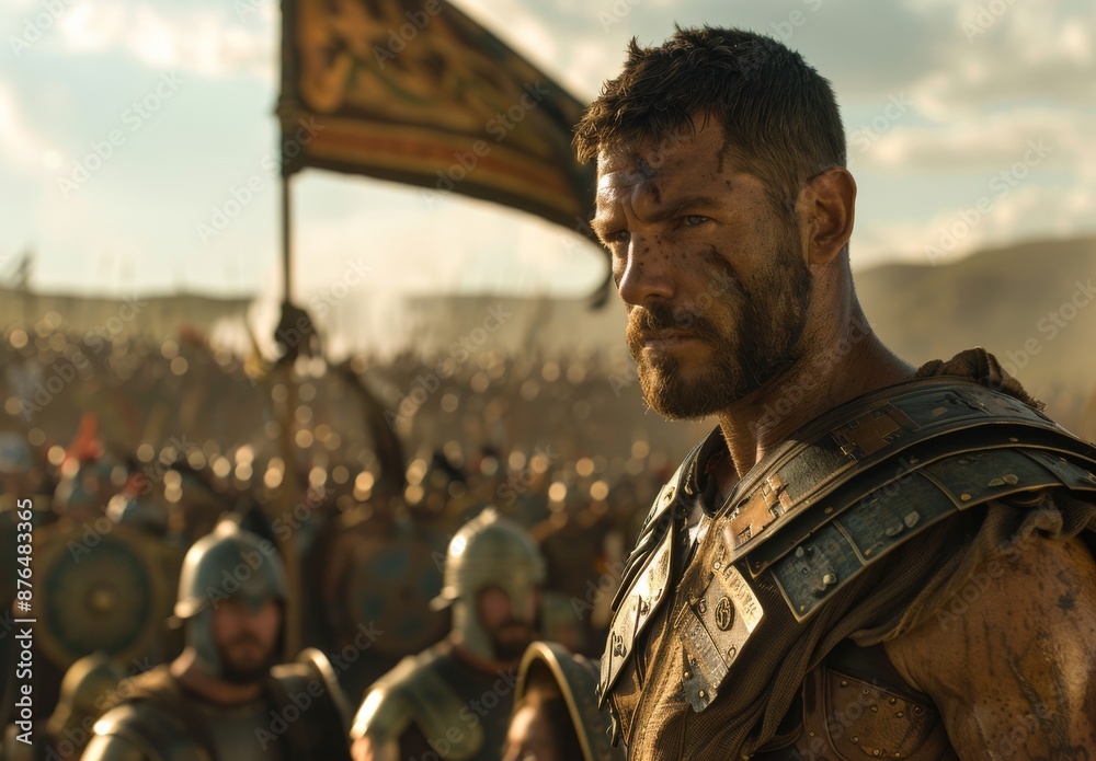 cinematic movie still of an attractive muscular man in gladiator armor ...