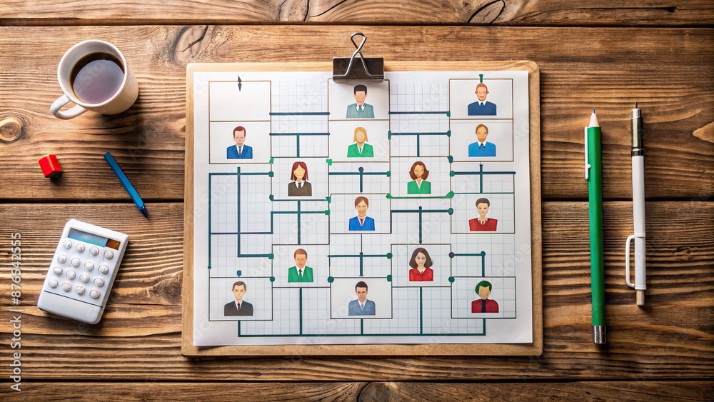 Organizational chart on a wooden desk with arrows and flowcharts ...