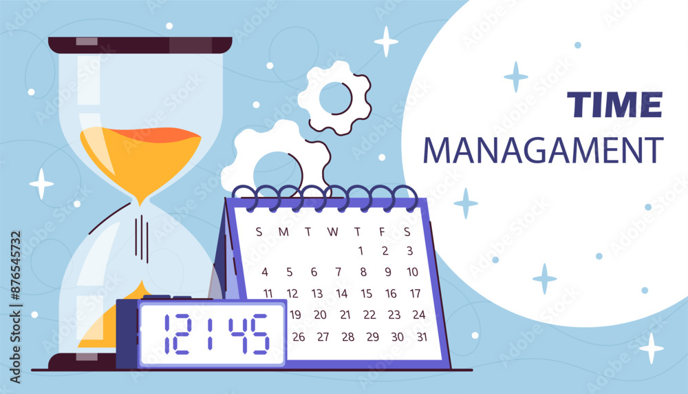 Time management concept. Hourglass, timer and calendar. Planning ...