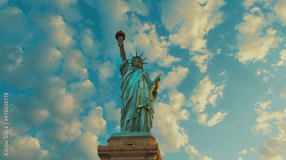 This image shows the Statue of Liberty standing tall against a backdrop ...