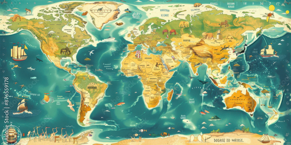 World map illustration with continents, countries, and oceans depicted ...