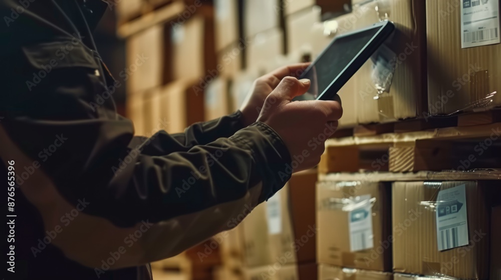 logistics, man hands scanning barcodes in warehouse with tablet for ...