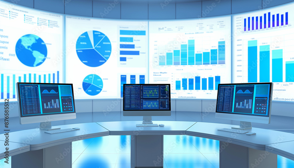 A modern data center with multiple monitors displaying charts and ...