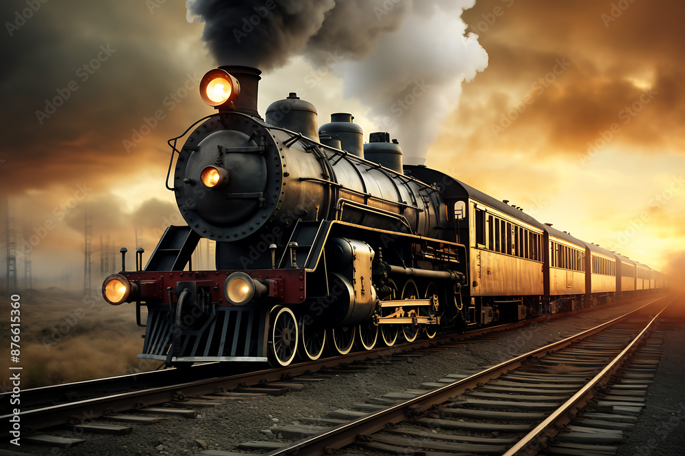 Vintage steam locomotive on the railway at sunset. 3d render Stock ...