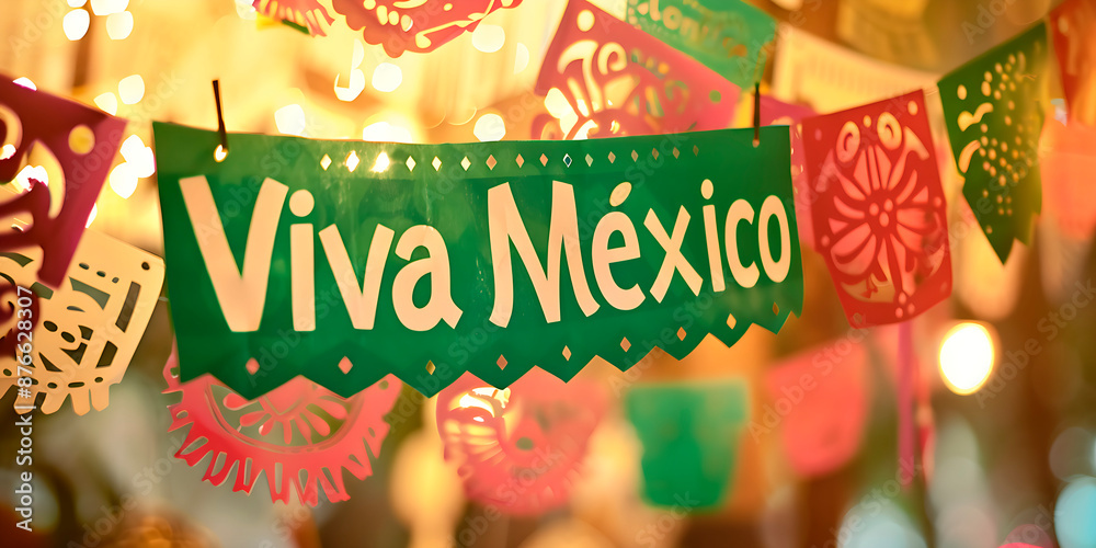 Letrero con la frase “Viva México” en papel picado colgando. Festejos ...