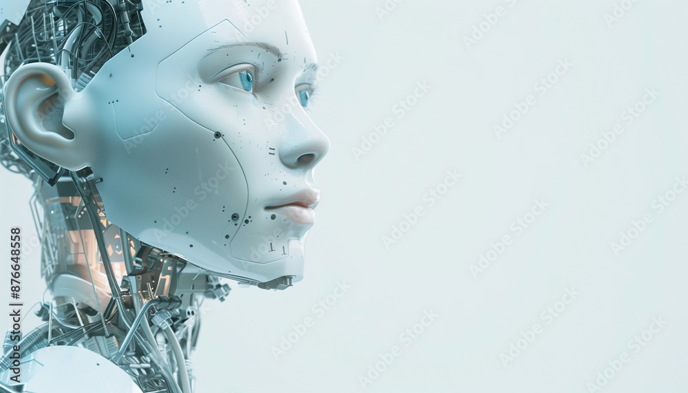 Side view of white humanoid robot with exposed circuits advanced ...
