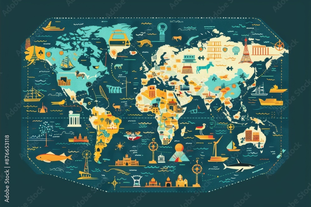 World Map with Iconic Landmarks and Travel Symbols Stock Photo | Adobe ...