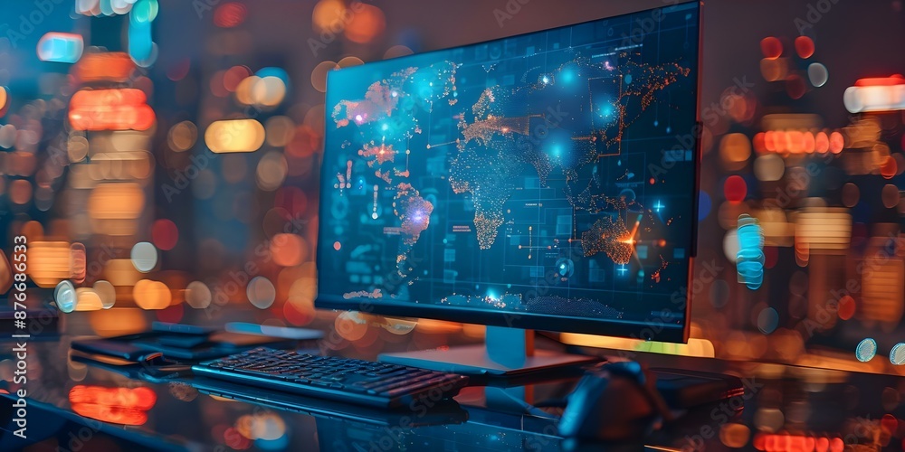 Computer screen displaying detailed world map with international ...