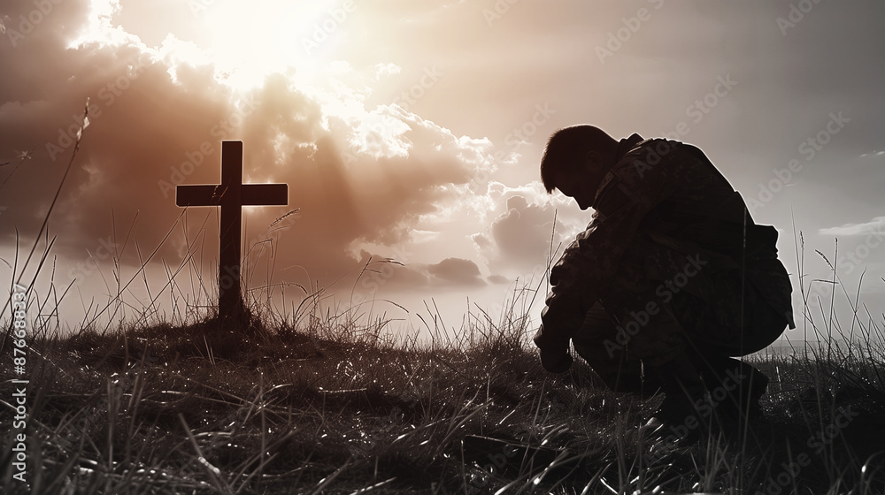 Black and white image of soldiers kneeling and bowing their heads in ...