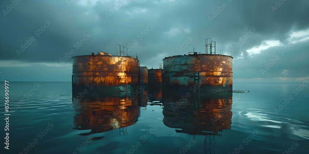 Leaking oil from damaged cargo tanks polluting ocean. Concept Oil Spill ...