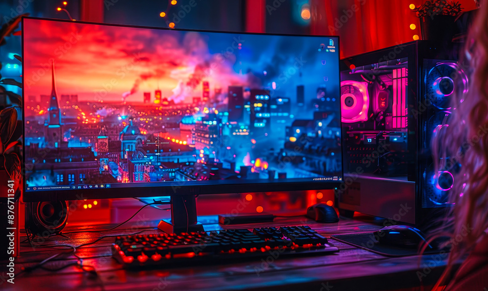 Nighttime Gaming Setup with High-End PC and Immersive First-Person ...