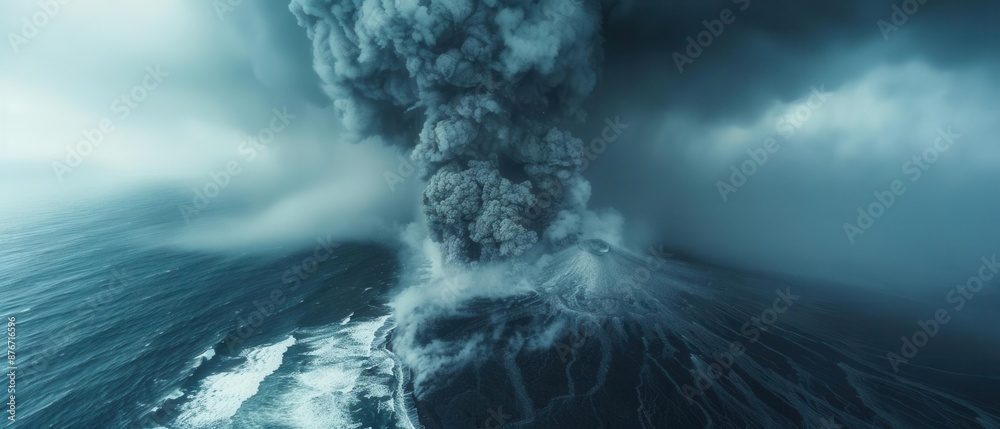 Drone view of a volcanic eruption, capturing the massive plume of ash and smoke rising into the ...