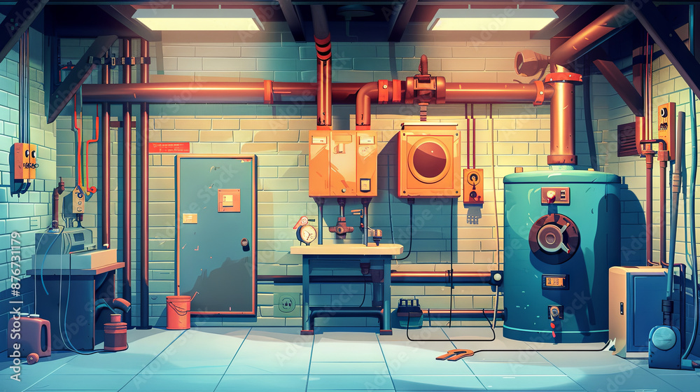 cartoon illustration of a boiler room in the house cellar with a heater ...