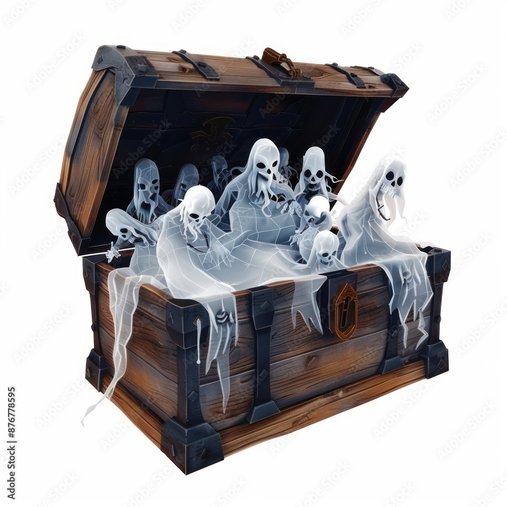 3D Render, Low Poly style of a haunted chest with eerie ghostly figures ...