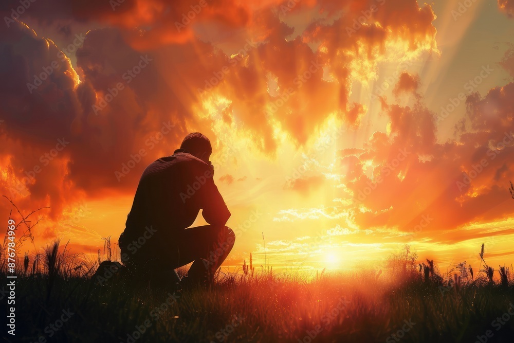 Christian prayer. Man on his knees praying on sunset background ...