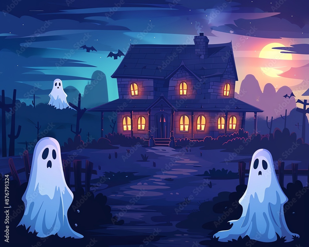 Haunted house with ghosts, illustration cartoon background, spooky ...