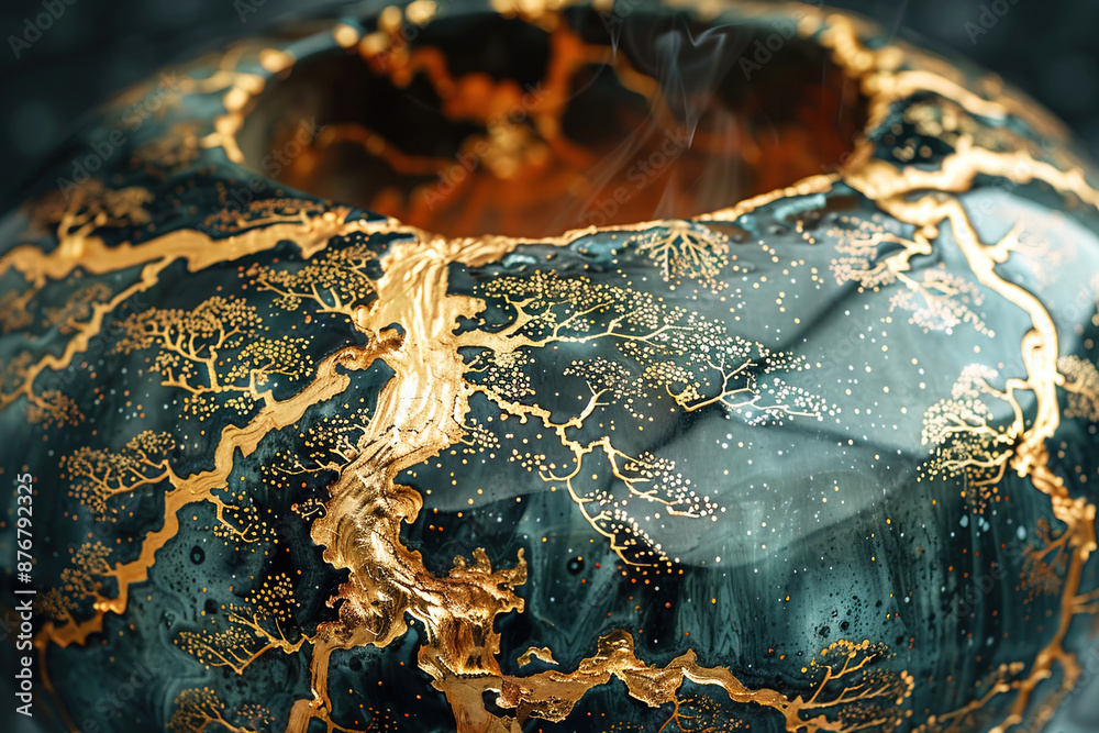 Kintsugi is a traditional art of Japan, helping to restore pottery, golden cracks close-up ...