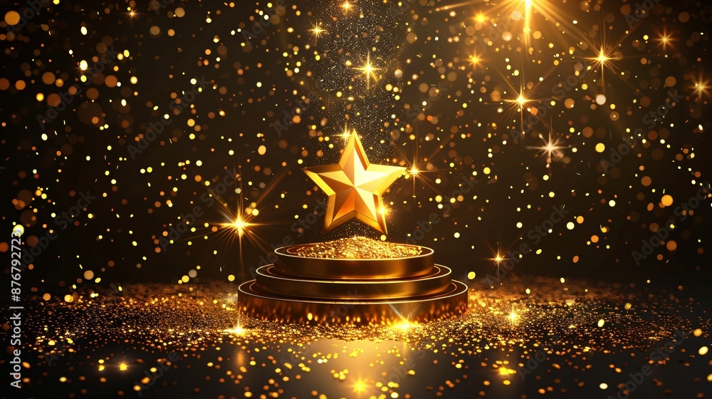 Shimmering stage with star design. Glittering gold platform with ...