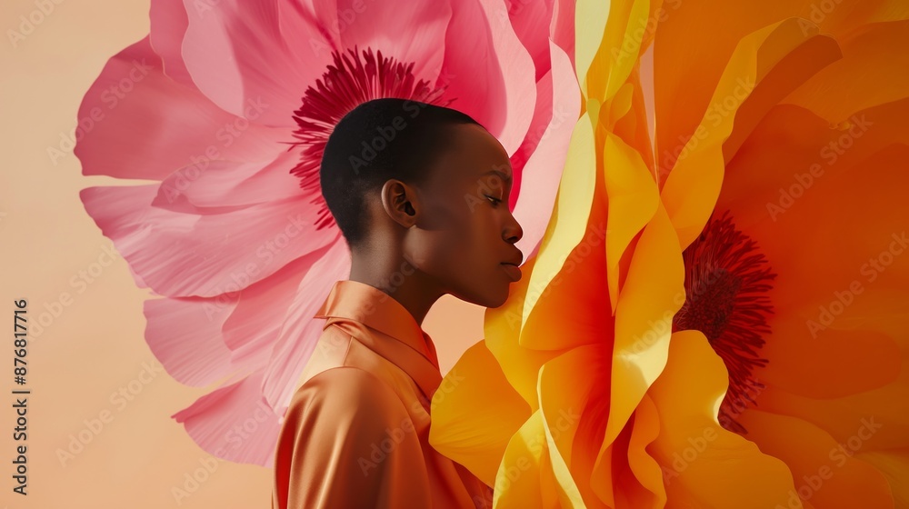 african woman in front of giant paper flowers, surreal fashion ...