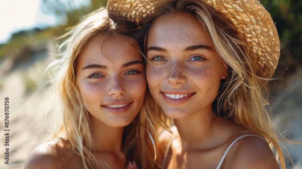Lovely, refined sisters pose on a sky background in an outdoor photo ...