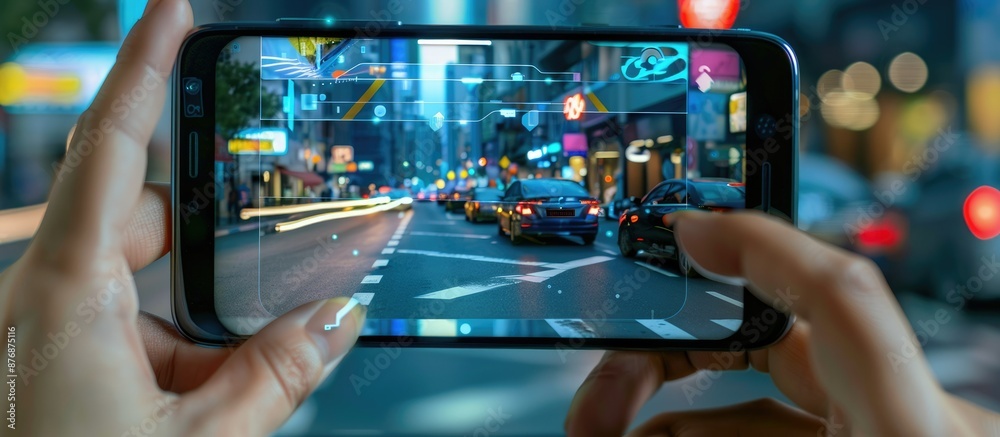When wearing AR glasses, one can see a digital city street overlay ...