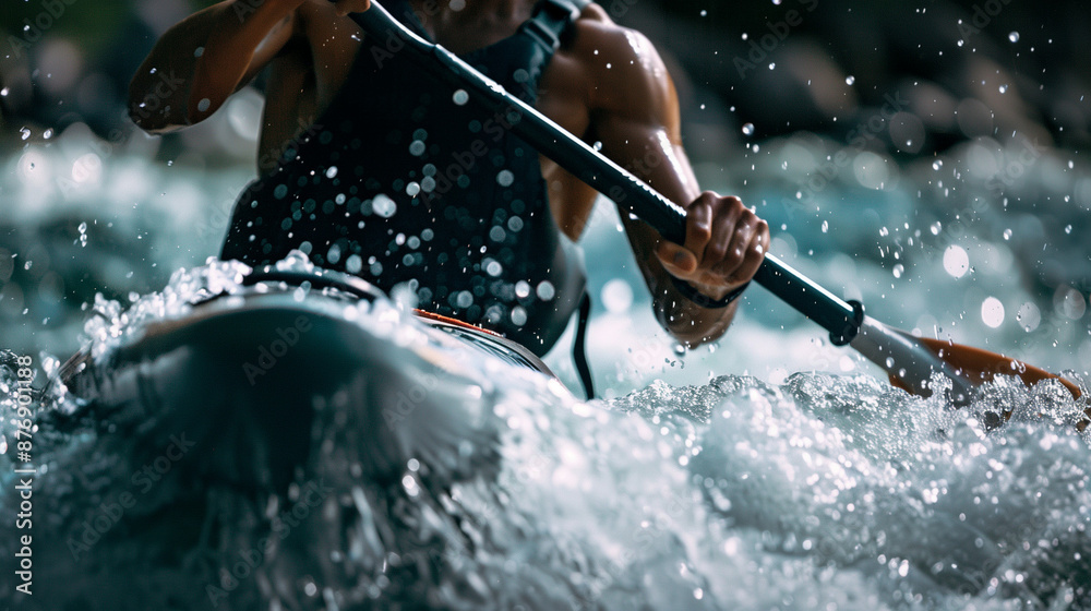 Intense Canoeing Action. lose-up of a male athlete vigorously paddling ...
