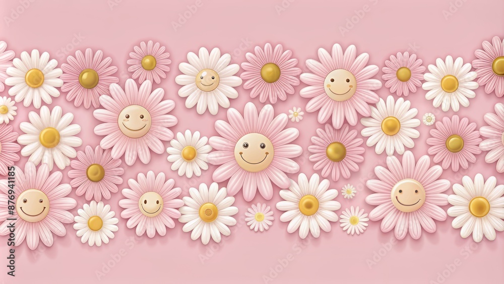 Whimsical horizontal border design featuring joyful smiley face daisies ...