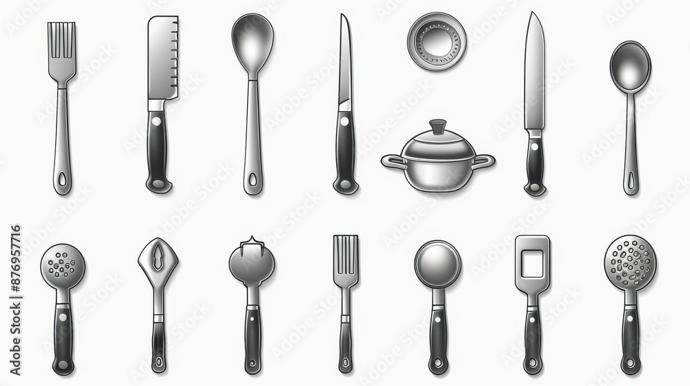 Collection of 15 black and silver kitchen utensil icons, including ...