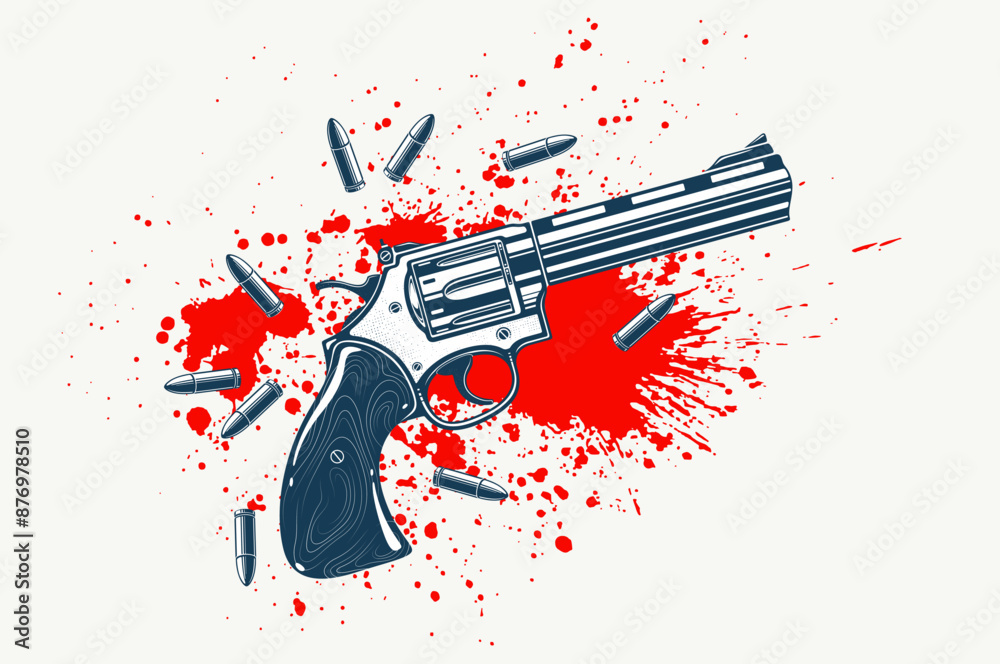 Detailed revolver shotgun and blood splatter vector illustration of a ...