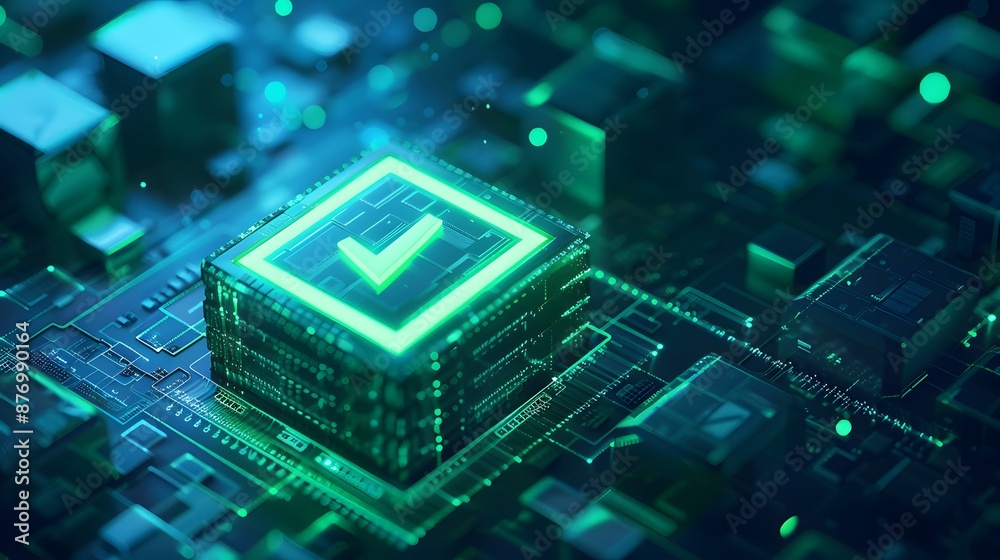 Futuristic digital validation concept with green checkmark on a CPU ...
