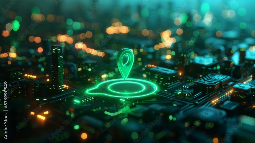 Futuristic city with location icon. Futuristic city scene with a ...