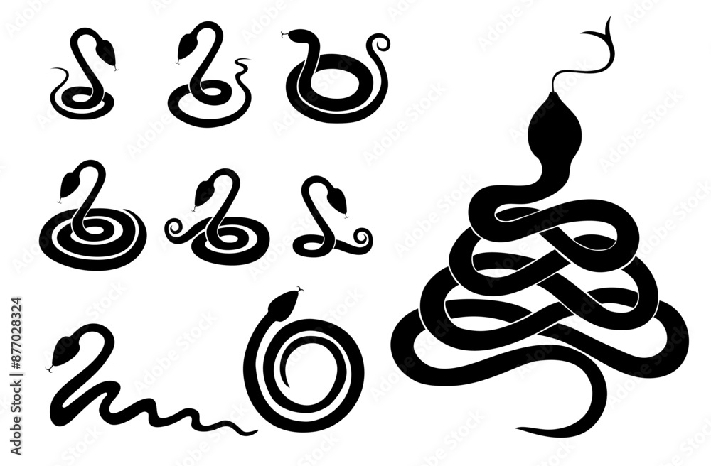 Snake silhouette set. Collection of snakes isolated on White background ...