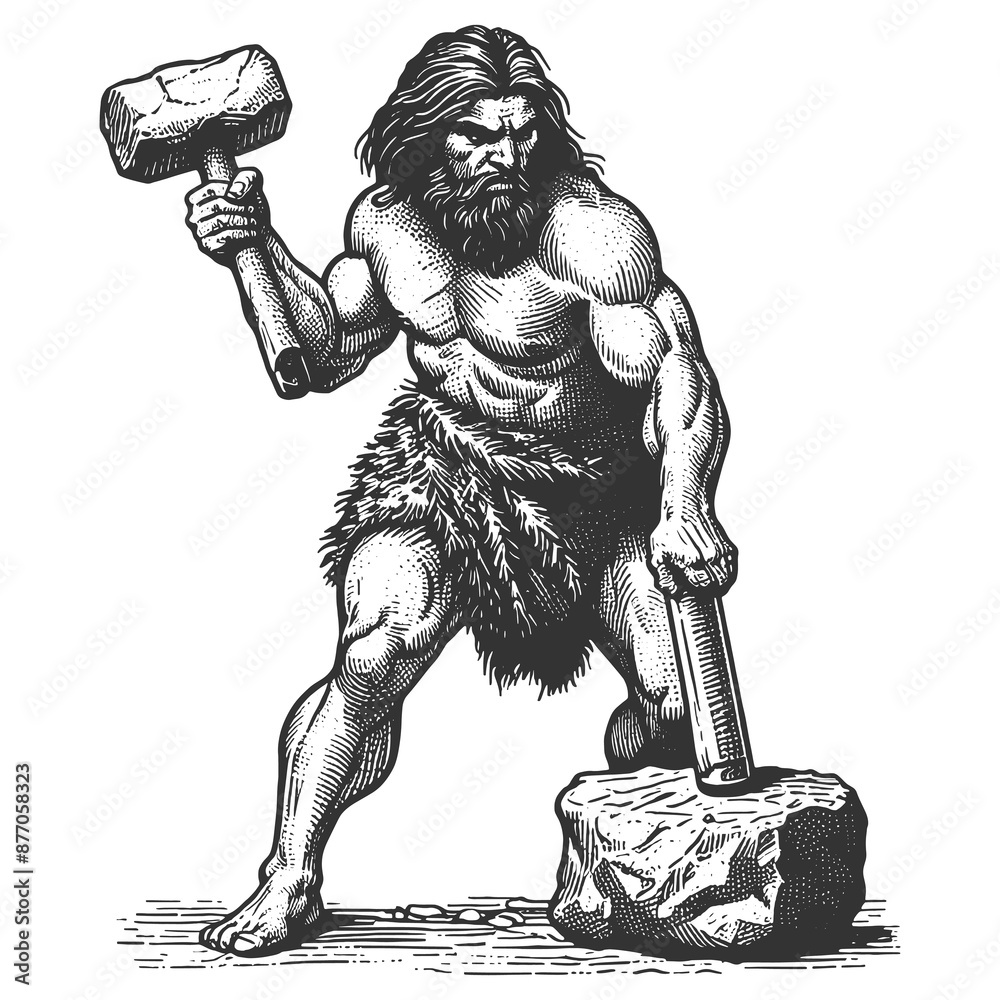 cave prehistoric man with stone hammer sketch engraving generative ai ...