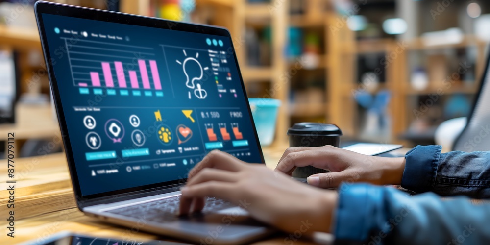 Close-Up Photo of Hands Typing on Laptop with Colorful Graphical User Interface Displaying Data ...