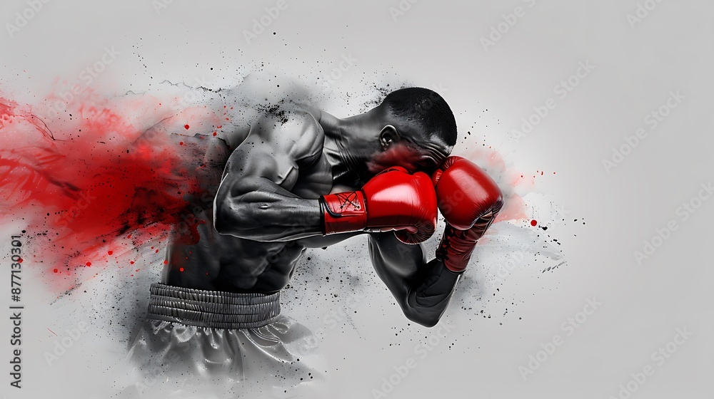 Boxer in mid-punch, with ink paint strokes highlighting the power and ...