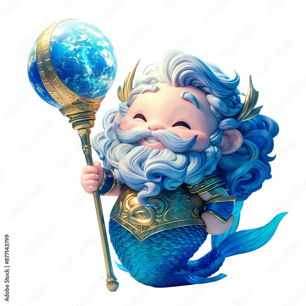 Cute Olympic god Poseidon holding the planet Neptune on transparent ...