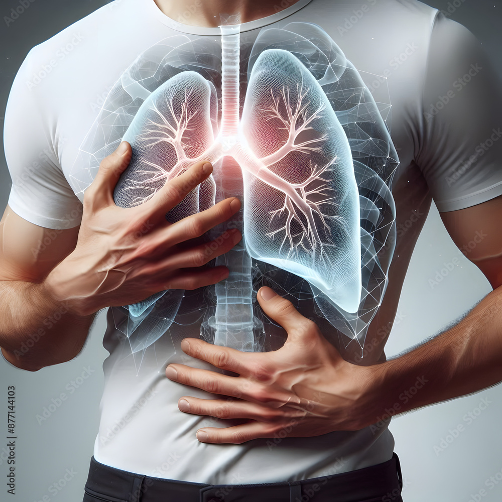 Foto de Stock A Man Holding Chest with Highlighted Lungs | Medical Illustration, Lung disease ...