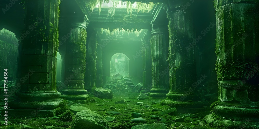 Ancient underwater temple with green light algaecovered stone columns ...
