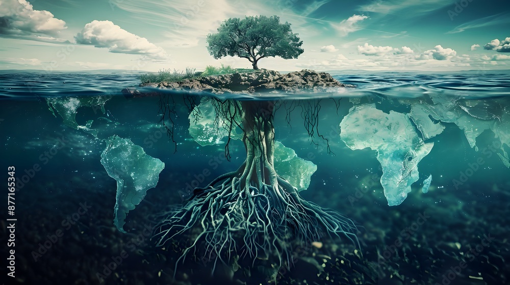 World Map Highlighting Global Marine Ecosystem Impact with Tree Roots ...