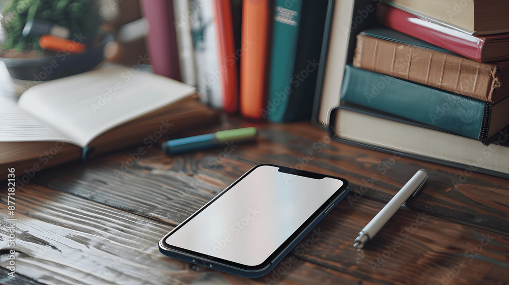 Stock-Foto „Smartphone on study table mockup, blank white screen, app ...