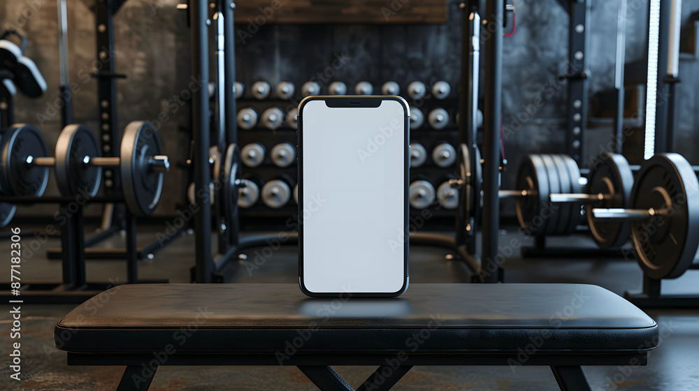 Stock-Foto „Smartphone mockup on gym bench, blank white screen, fitness ...