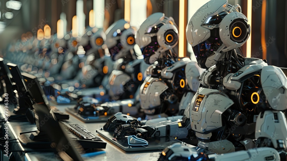 Стокова ілюстрація Numerous identical AI robots are seated at desks in ...