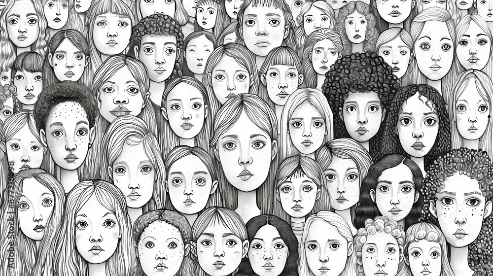 An illustration featuring a diverse array of hand-drawn faces with ...
