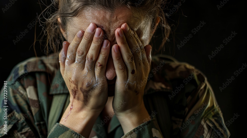 In war attire, military woman crying in studio for depression, anxiety ...