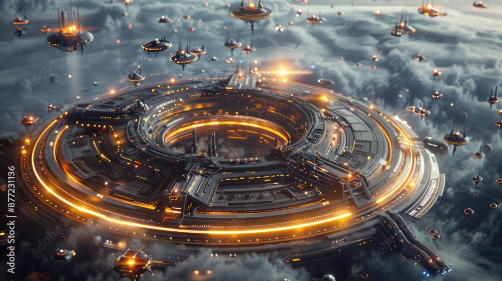 A futuristic high-tech ring that runs around the world. The ring is ...